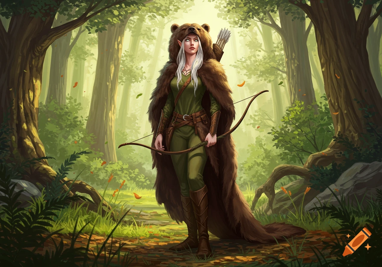 A female elf ranger with white hair, wearing a bear pelt, stands in a ...