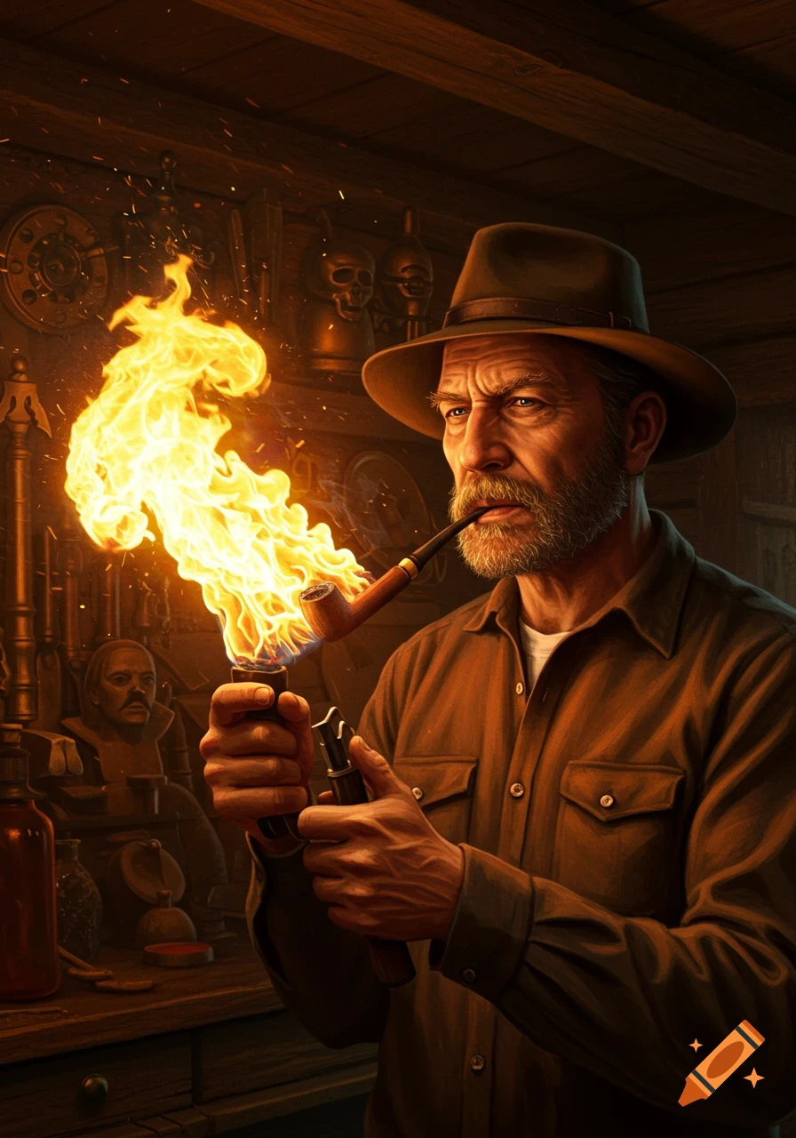 A serious man in a hat lights his pipe with a large, dramatic burst of ...