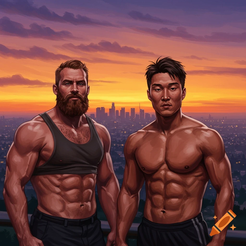 Two muscular men stand overlooking a Los Angeles cityscape at sunset ...
