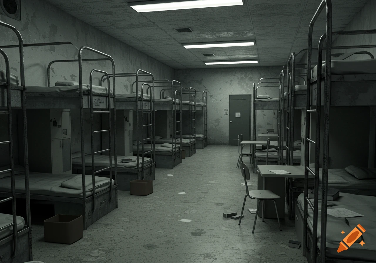 A dimly lit, stark institutional room with rows of metal bunk beds ...