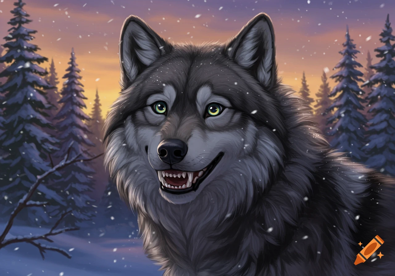 A smiling dire wolf with green eyes in a snowy forest at sunset. on Craiyon