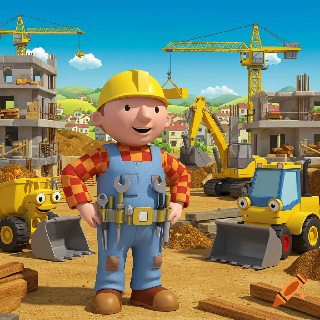 Bob the Builder smiling at a bright construction site with yellow ...