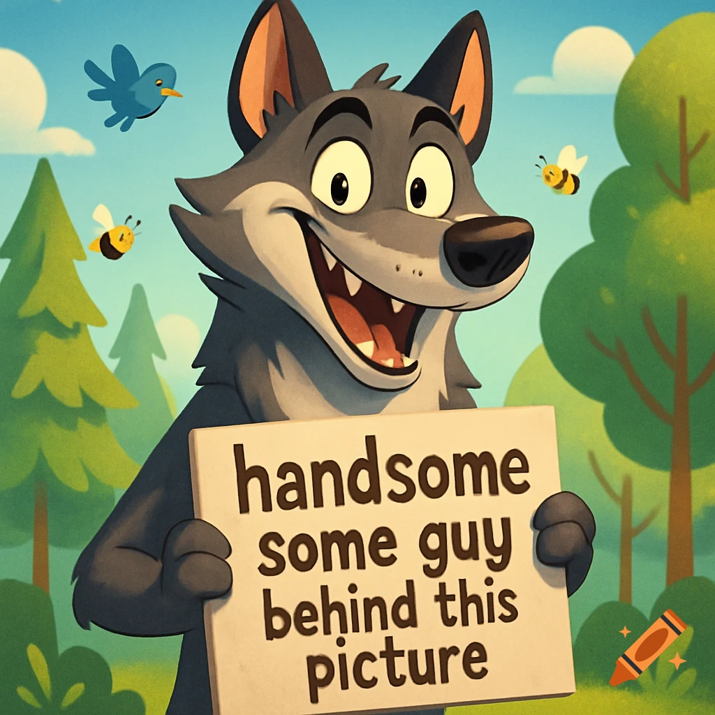 A happy cartoon wolf holds a sign that reads "handsome some guy behind ...