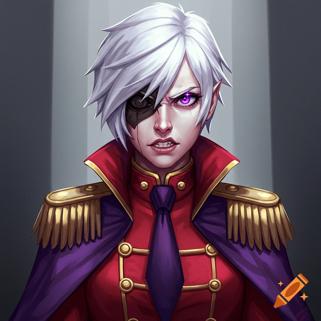 An angry woman with short white hair, one eye covered by a dark patch ...