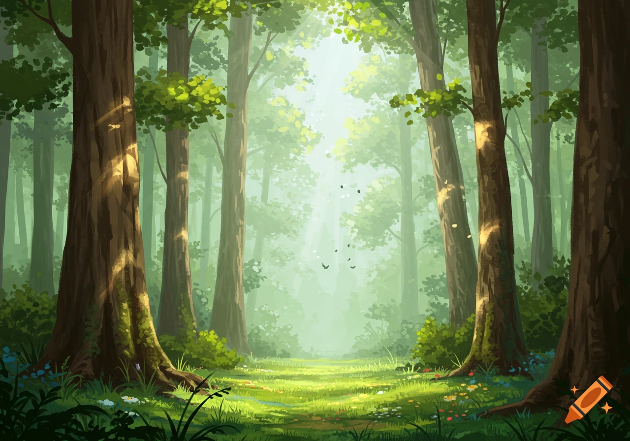 A vibrant Ghibli-inspired forest scene with a sun-dappled path leading ...