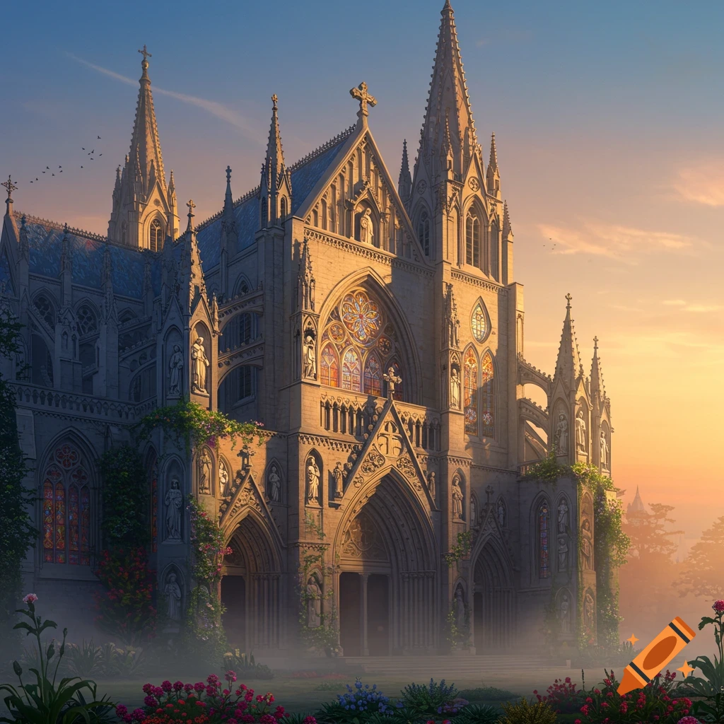 A grand, gothic underwater cathedral with immense pillars, ornate ...