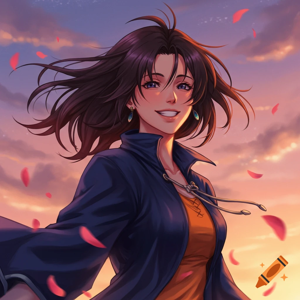 An anime-style woman with long brown hair smiles, with wind blowing ...