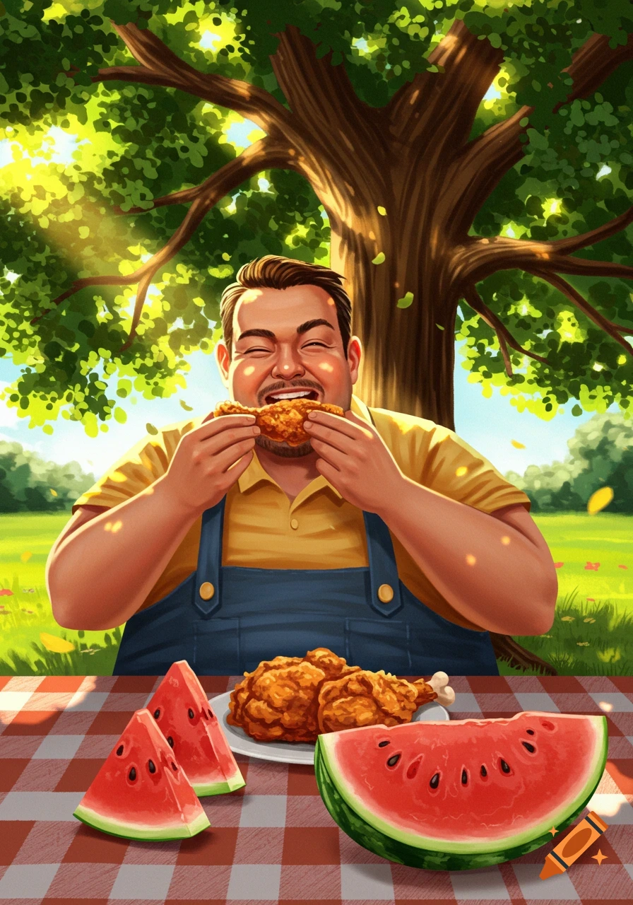 An illustration of a Black man eating watermelon and fried chicken ...