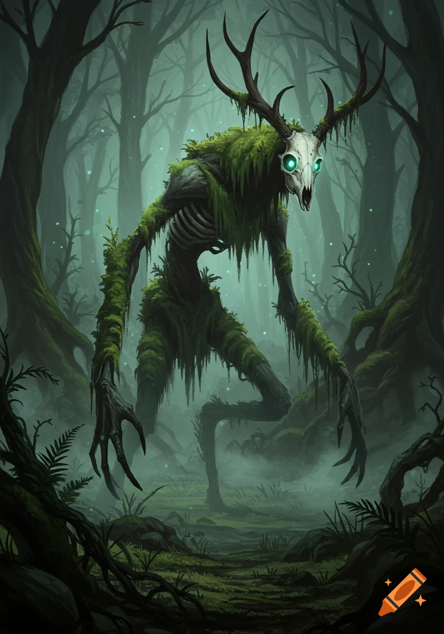 A dark fantasy illustration of a moss-covered skeletal wendigo with ...