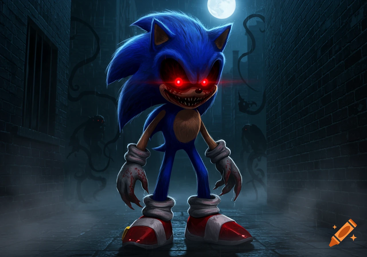 A blue and silver robot character, Metal Sonic, with glowing red eyes ...
