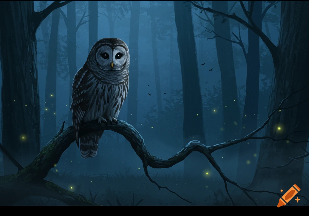 A barred owl perches on a mossy branch in a dark, misty forest at night, with glowing fireflies ...