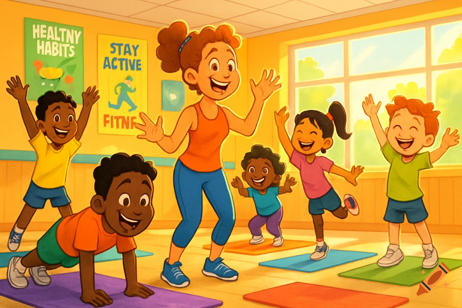 A cheerful cartoon teacher leads a diverse group of happy children in ...