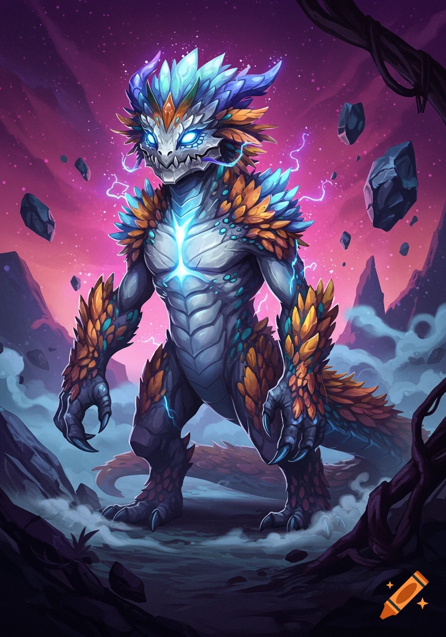 A blue-green raptor-like creature with a pink mohawk, crop top, jacket ...