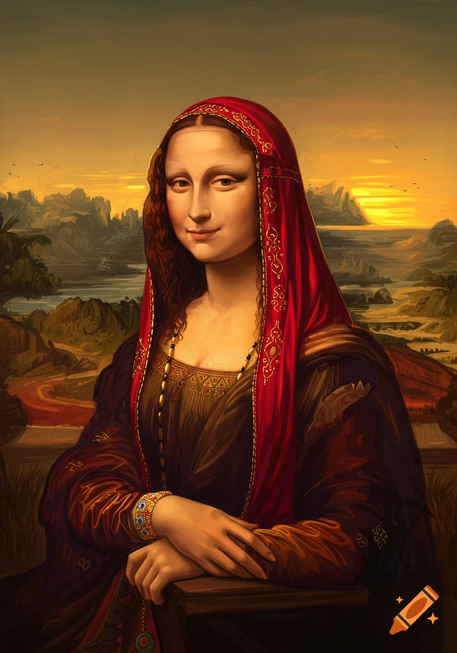 Mona Lisa portrait in a red and gold Sudanese toub against a sunset ...