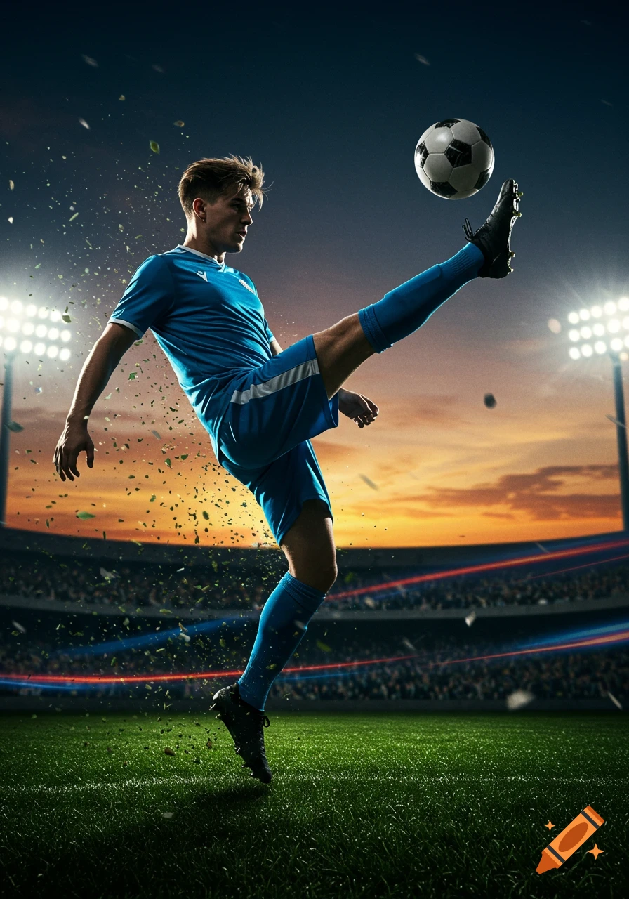 Photorealistic action shot of a soccer player's foot kicking a ball on ...