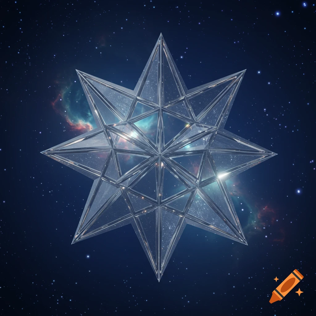 A transparent, multi-faceted star floats in deep space among stars and ...