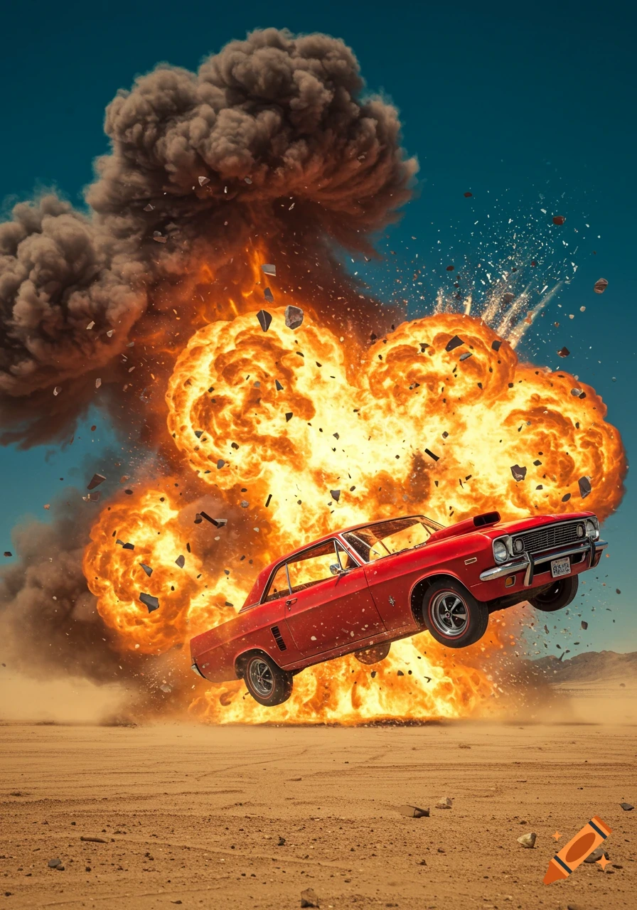 A red classic muscle car flies through the air amidst a large explosion ...