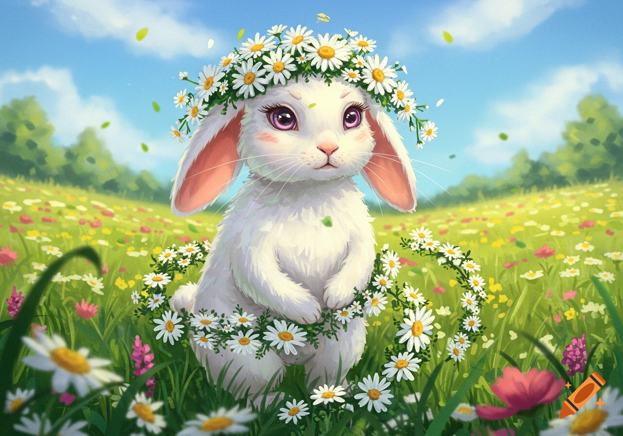 A white rabbit wearing a daisy crown sits in a vibrant wildflower field ...