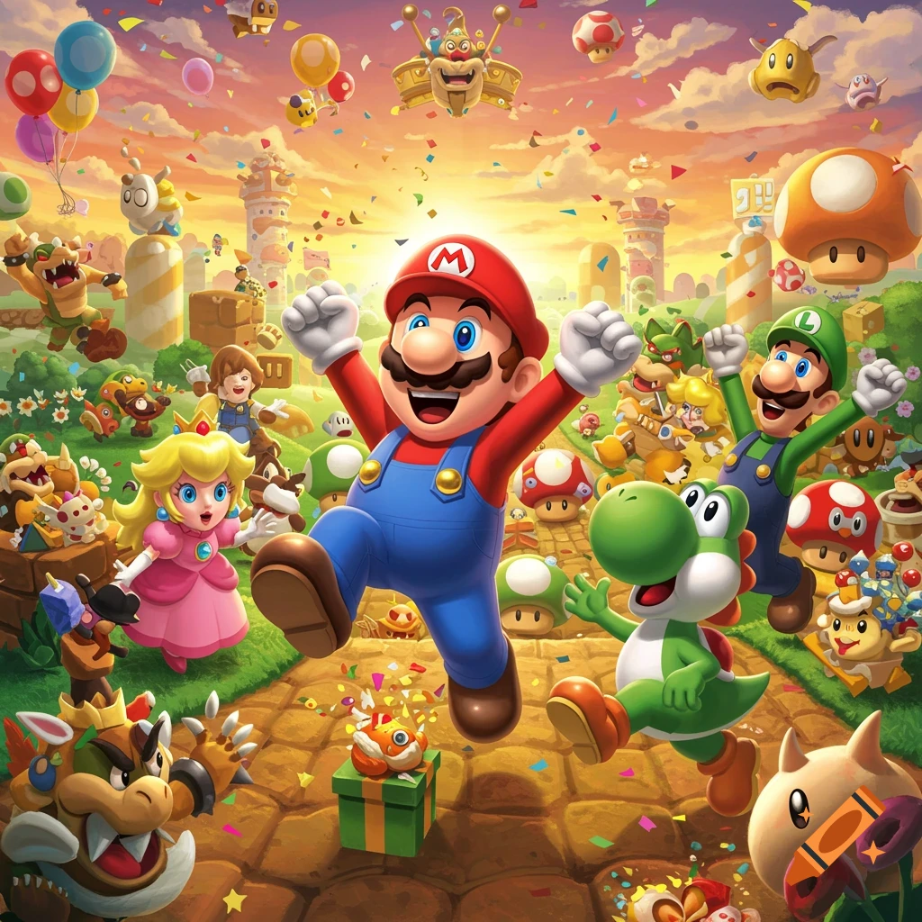 Vibrant illustration of Mario, Luigi, Peach, Yoshi, Bowser, and other Super Mario characters ...