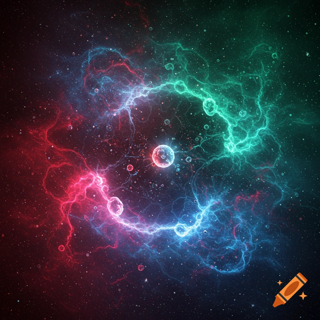 Vibrant cosmic explosion with a central orange and blue eye-like nebula ...