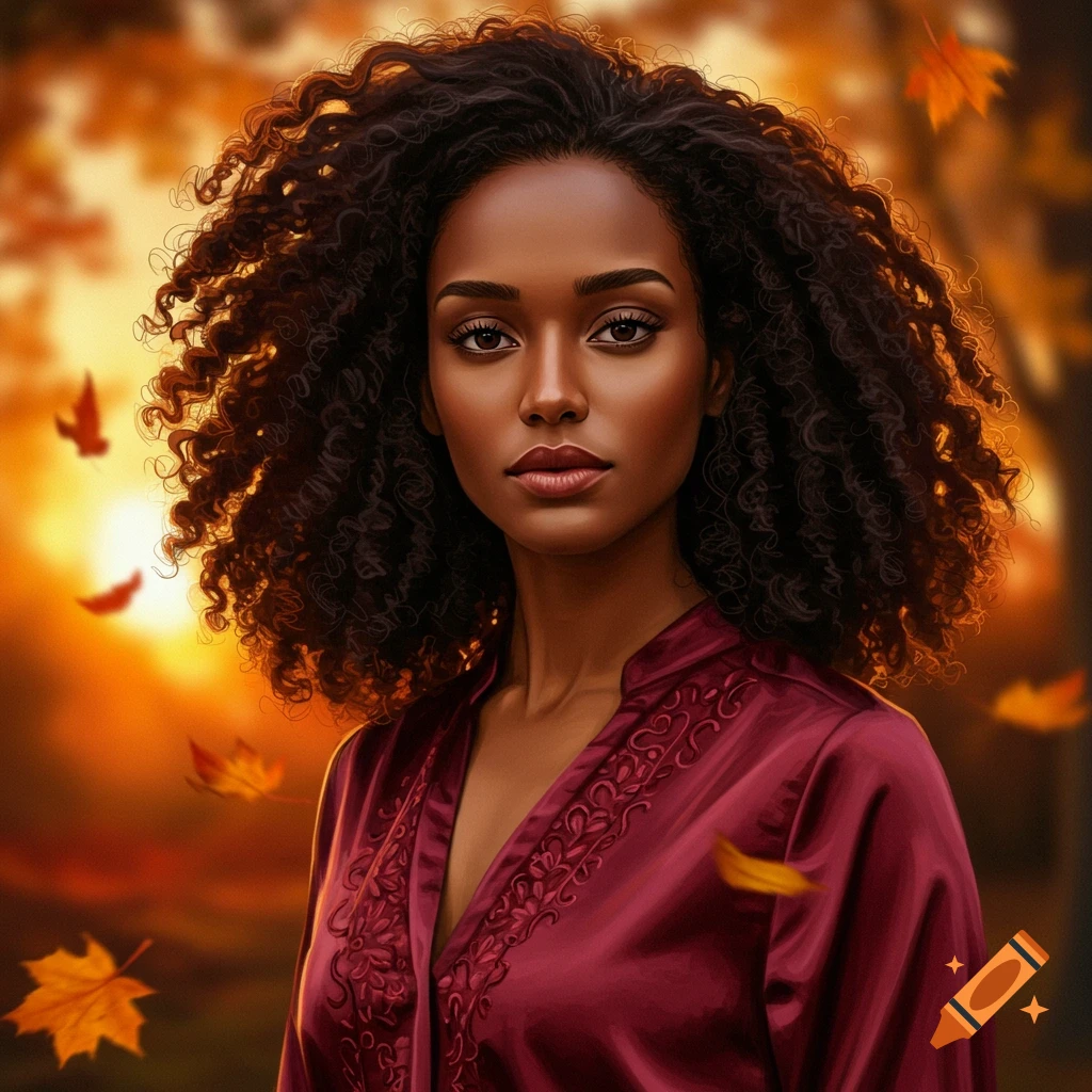 Photorealistic portrait of a woman with dark curly hair and skin ...