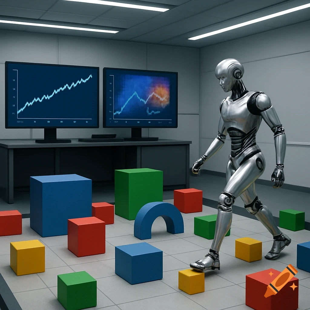 A photorealistic robot sits at a computer, typing, with neon blue text ...