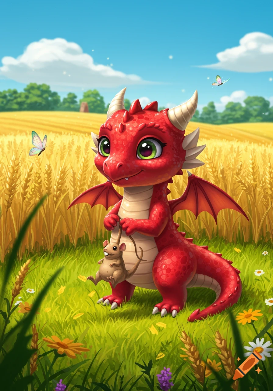 A cute, cartoon red dragon hatchling holding a small rodent by its tail ...