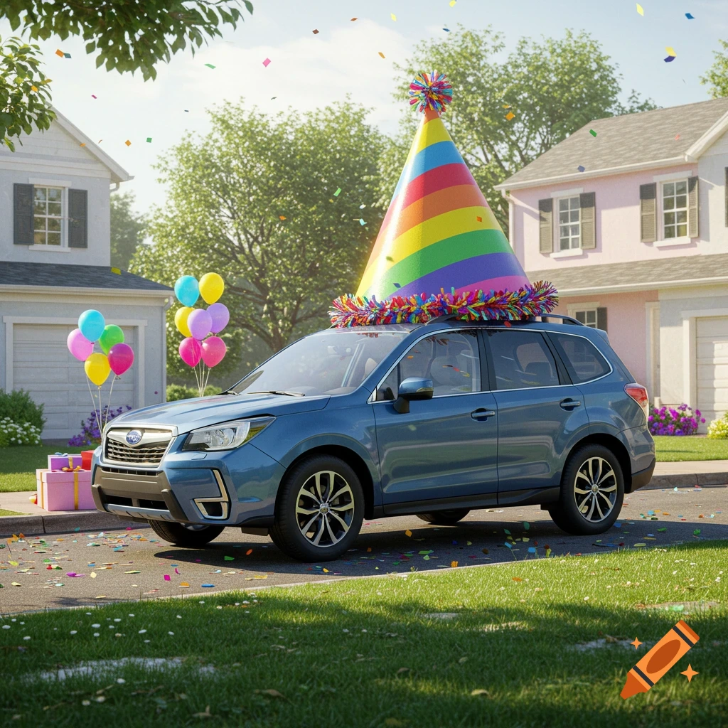 A blue Subaru Forester with a large rainbow birthday hat on its roof ...