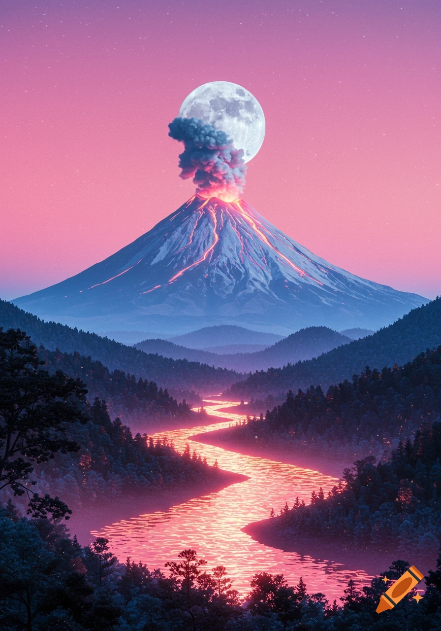 A vibrant landscape with a pink river flowing through a dark forest ...