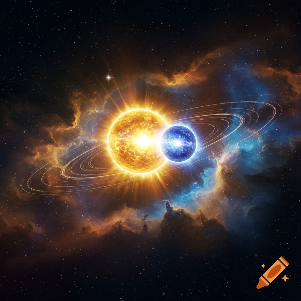 A bright orange star and a blue star surrounded by glowing rings, set against a vibrant orange ...