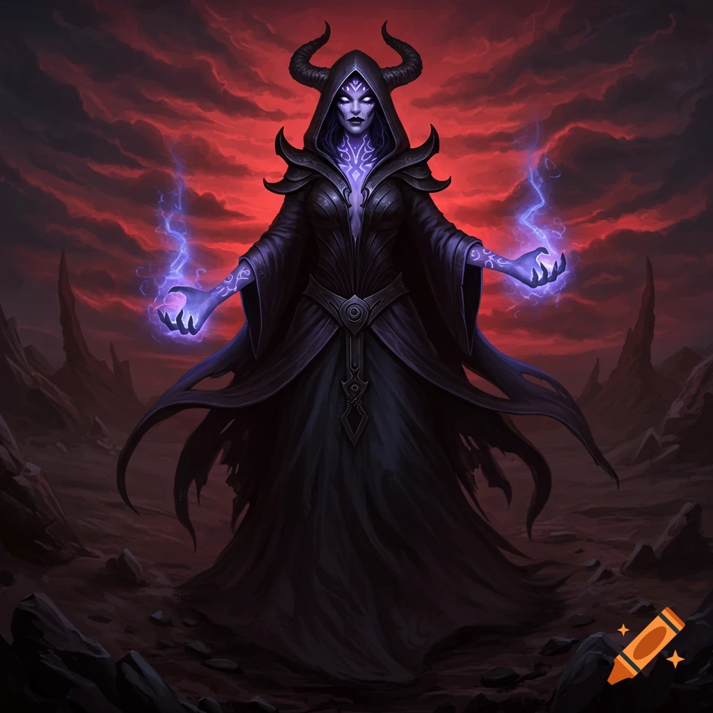 A dark fantasy illustration of a horned warlock casting purple ...