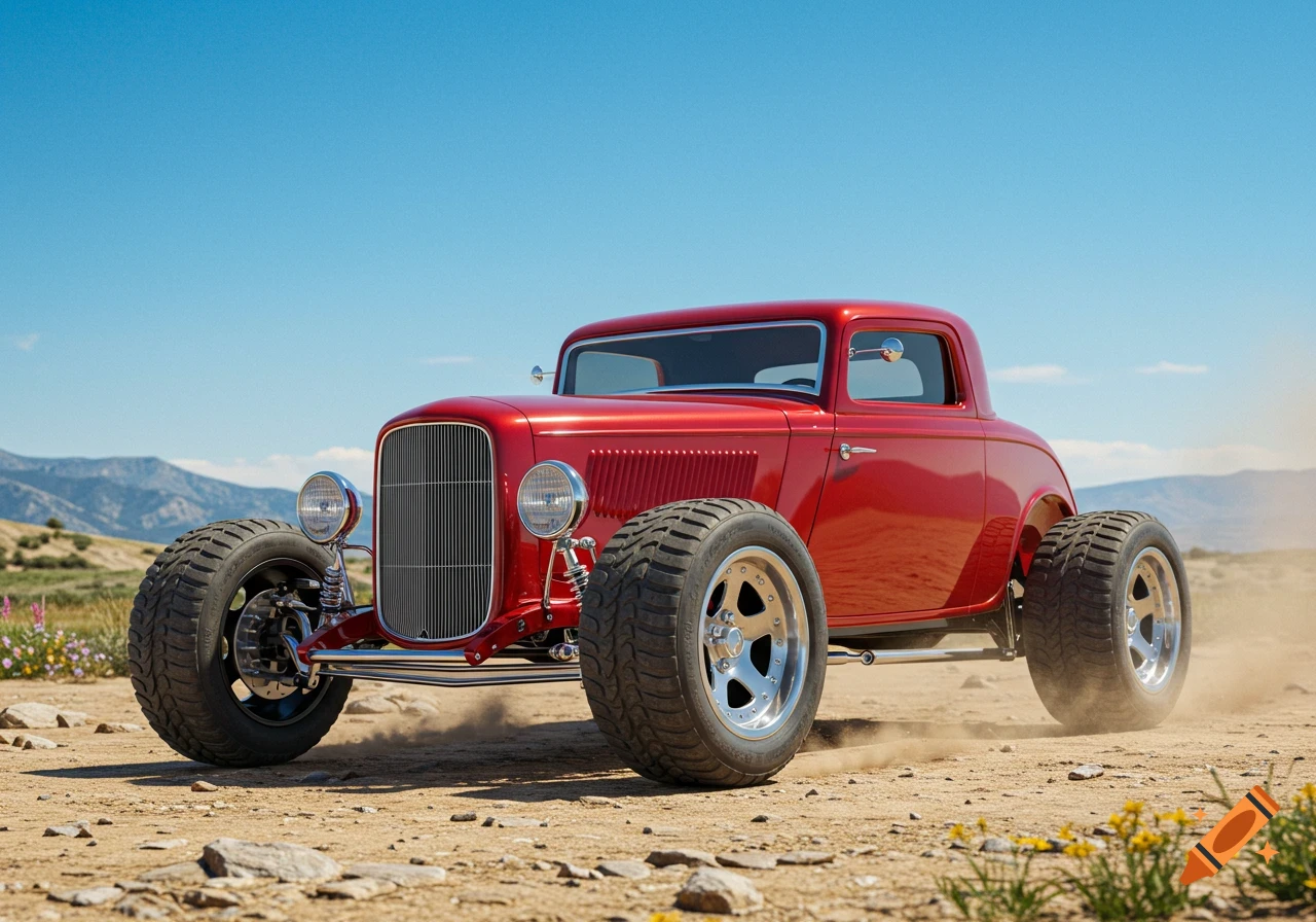 A vibrant red 1932 Ford Deuce Coupe hot rod with large tires on a dusty ...