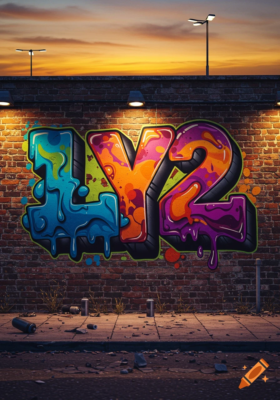 Colorful graffiti art of LY2 on a brick wall at sunset with ...