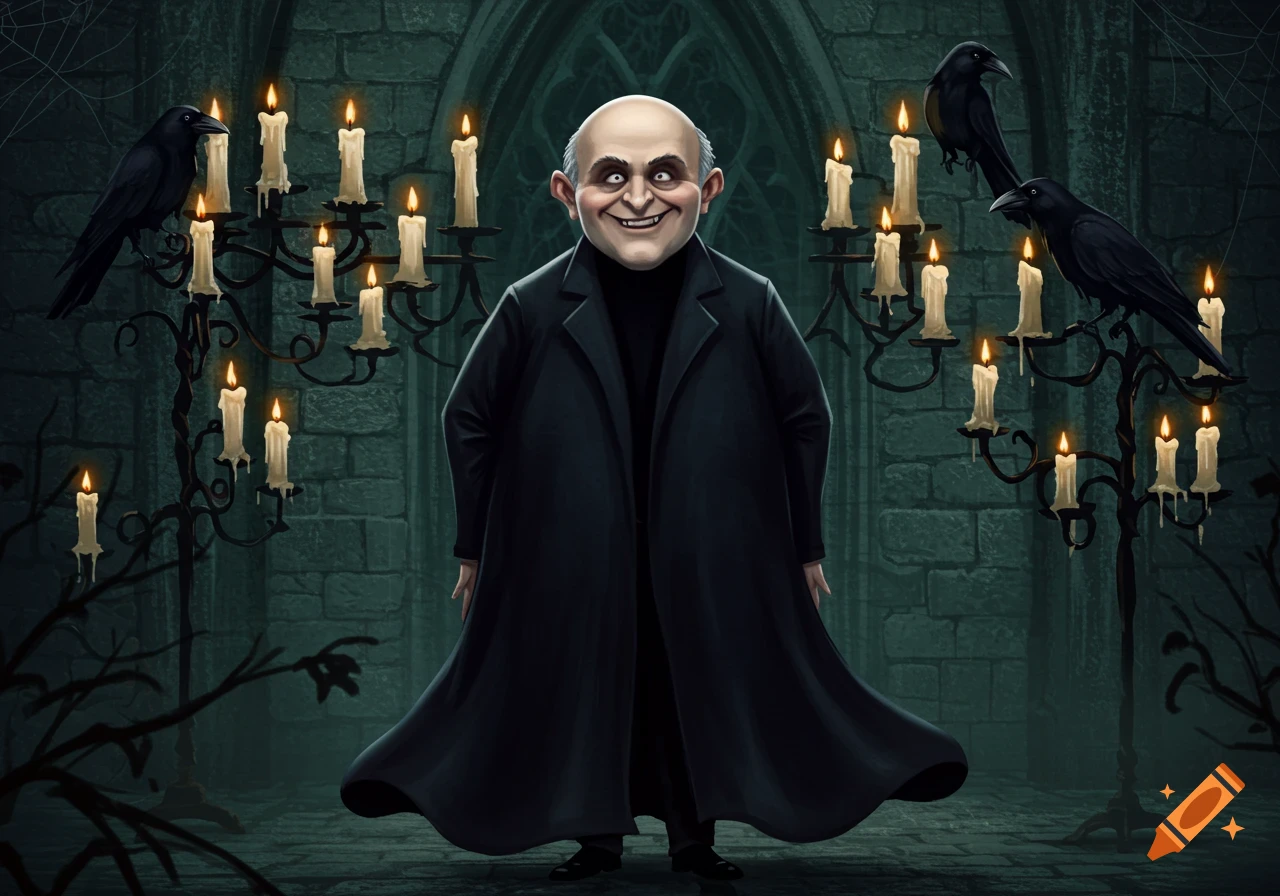 A cartoon-style drawing of Uncle Fester in a long black coat, grinning ...