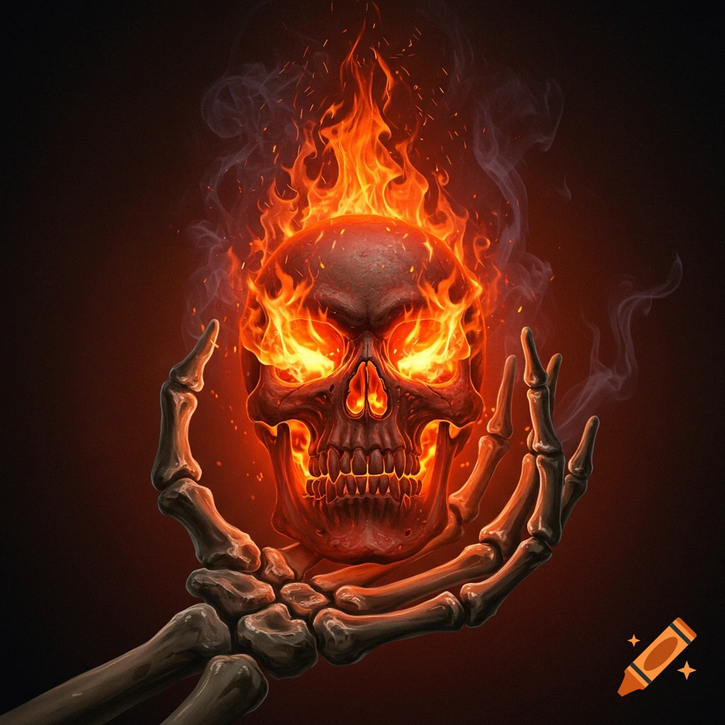 A flaming skull with glowing eyes held in a skeletal hand, surrounded ...