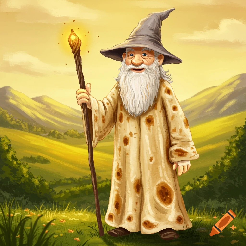 A cartoon wizard in a naan bread robe holds a glowing staff on grassy hills under a golden sky ...