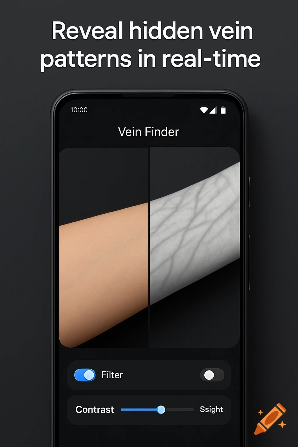 A smartphone displaying a 'Vein Finder' app, showing a split screen of ...