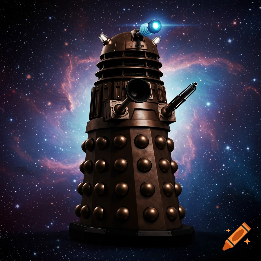 A metallic bronze Dalek stands in outer space with colorful nebulae and ...