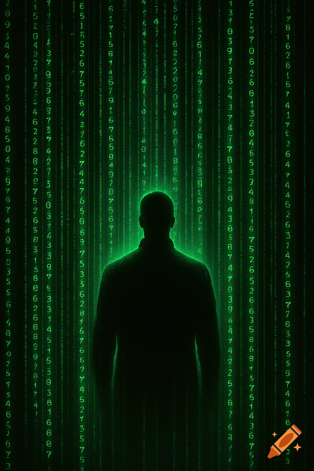 A dark silhouette of a person stands against a backdrop of glowing ...