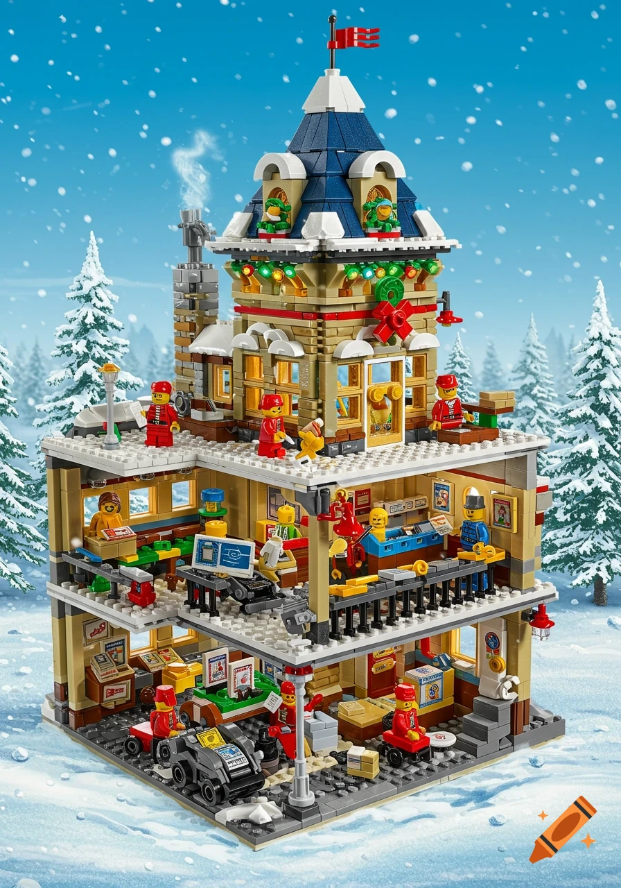 A detailed Lego model of a multi-story Christmas post office with ...