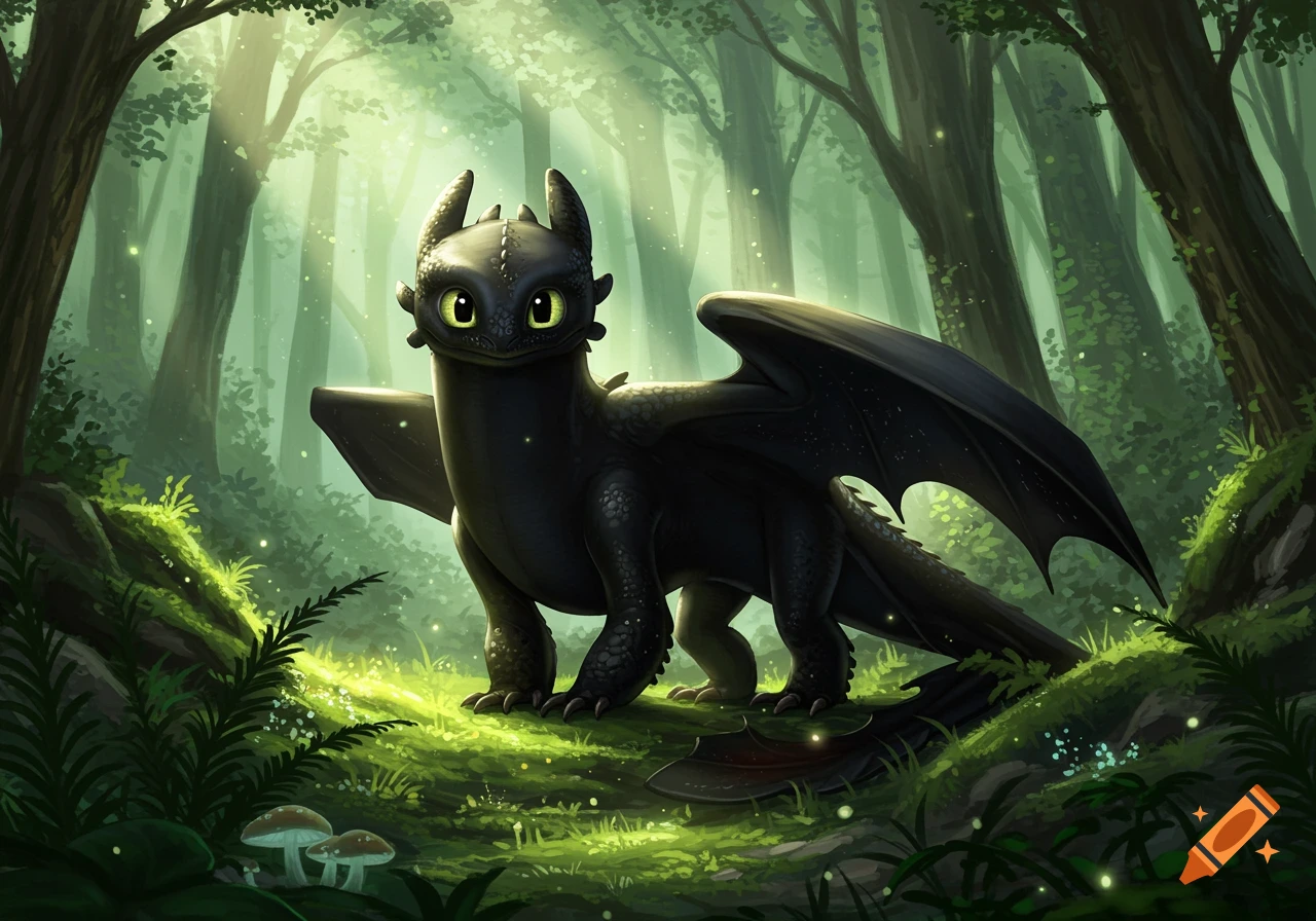 A black Night Fury dragon with green eyes and a smaller, colorful blue ...