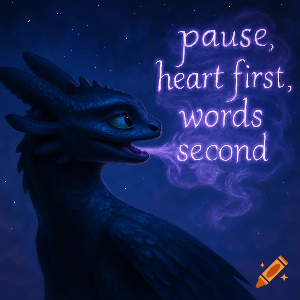 A dark blue dragon, Toothless, breathes out glowing purple smoke that ...