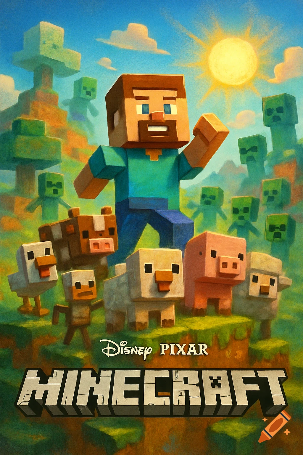 A realistic Minecraft-themed movie ticket with pixelated borders and ...