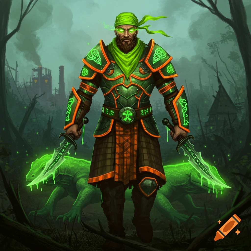 A muscular fantasy knight in glowing green and orange armor wields two ...