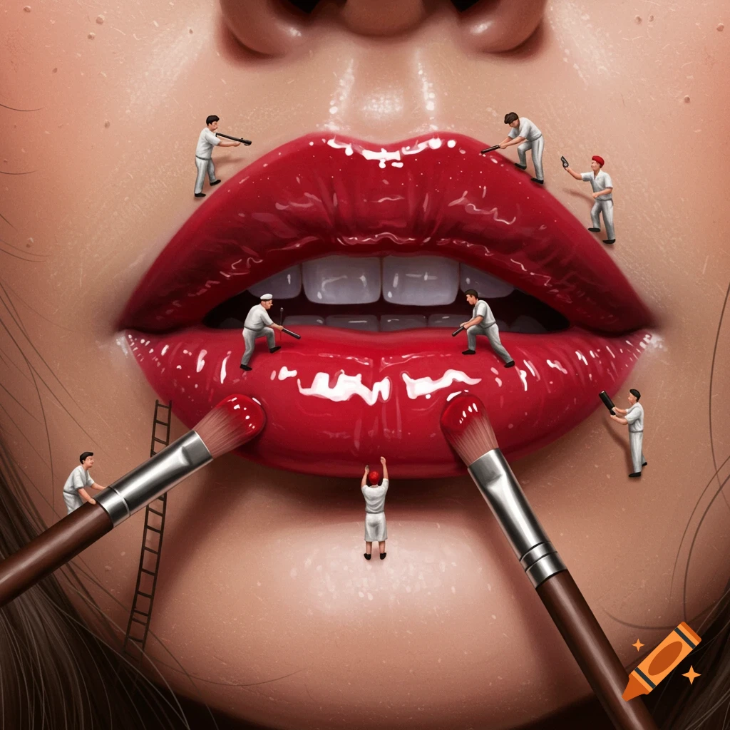 Close-up of highly reflective chrome vampire fangs and teeth set in red ...