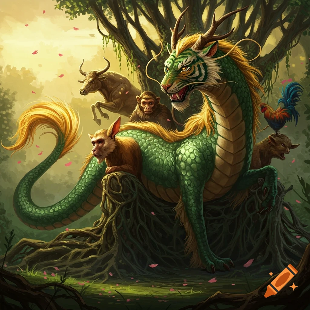 A green dragon-like chimera with tiger stripes and a golden mane stands ...