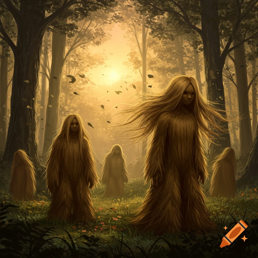 Multiple mysterious hair-covered gouloum creatures stand in a sunlit ...