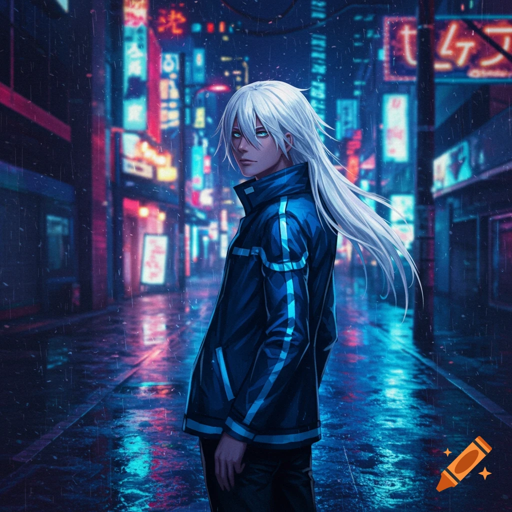 An anime character with long white hair and a blue jacket stands on a ...
