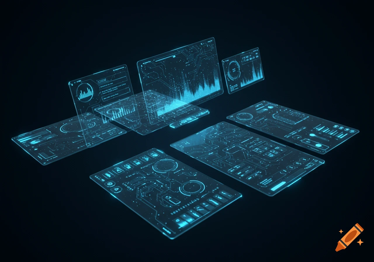 Multiple glowing blue holographic UI panels displaying data, charts ...