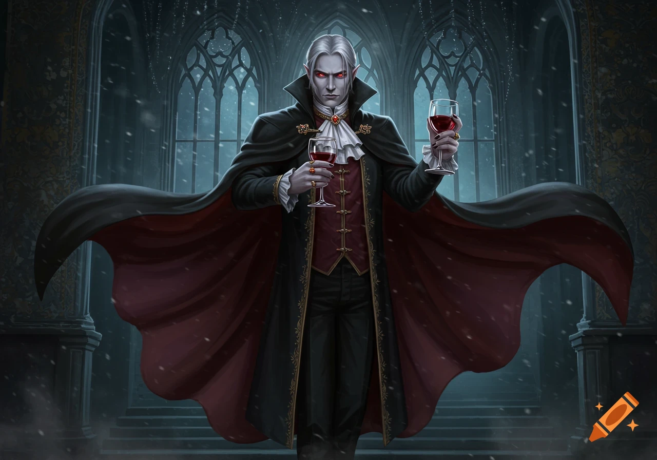 A pale vampire with red eyes and white hair in a black cape holds two ...